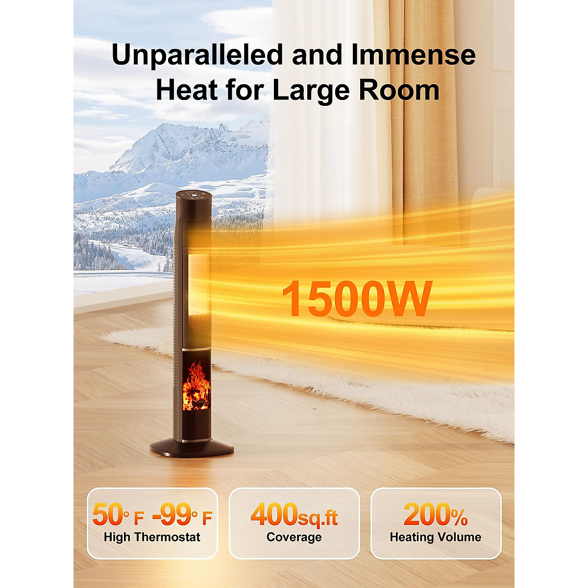 Uthfy Space Heaters for Indoor Use, 32" Electric Heater With Flame for 400 Sq.ft Large Room, 1500W Portable Tower Ceramic Room Heater With 24 H Timer, Remote, 80°Oscillation, 3 Modes for Bedroom