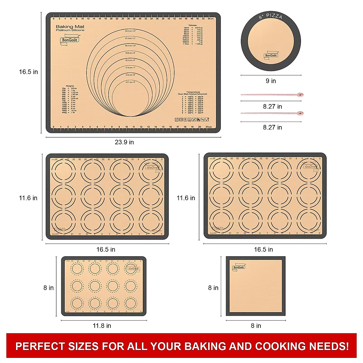 Silicone Baking Mat Set of 6, Non-Stick Food Grade Reusable Baking Sheet Liners Mats for Multi-Size Bakeware,Multi-Purpose Mats for Rolling Dough Making Pastry Cookies Macaroon Pizza by BonGoût.