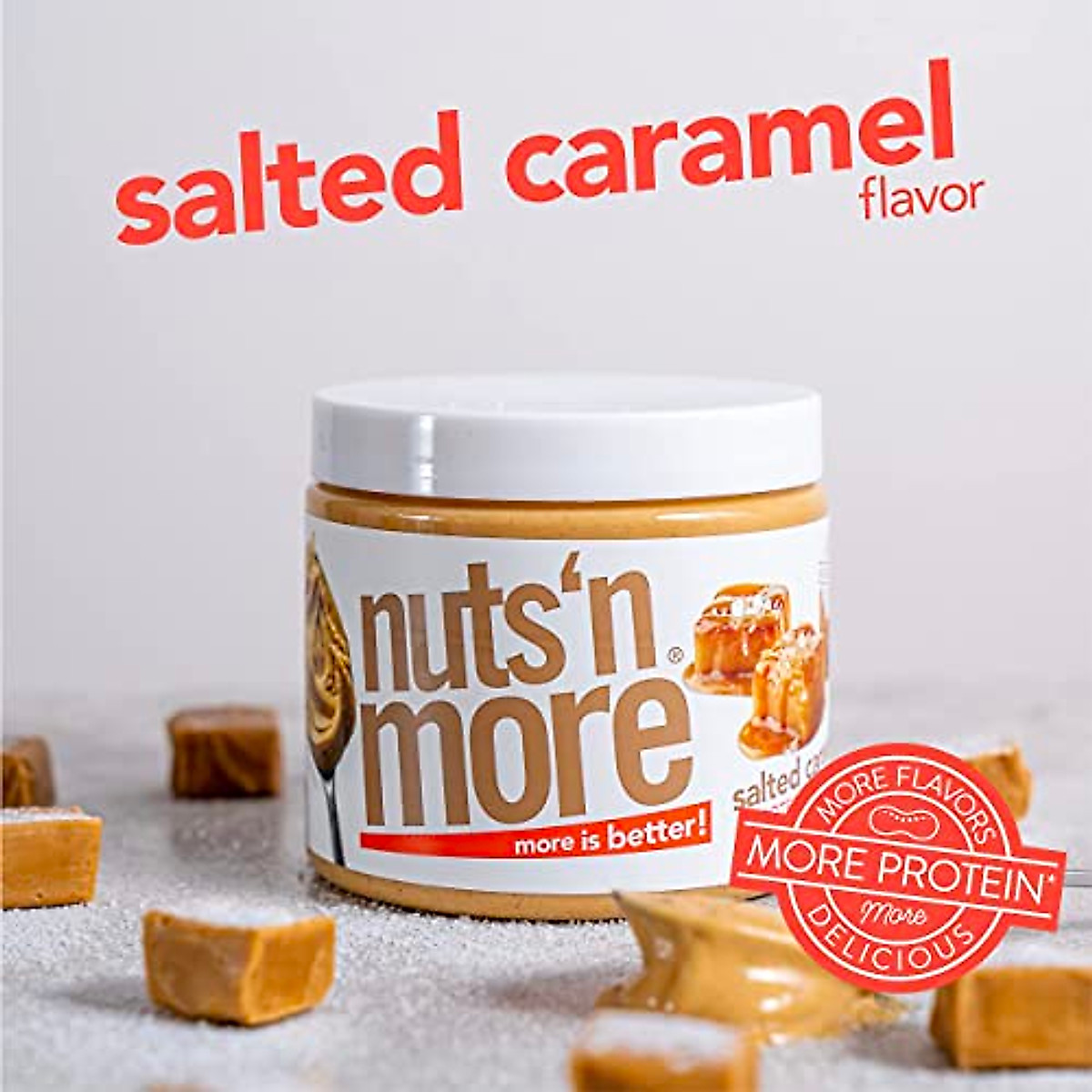 Nuts ‘N More Salted Caramel Peanut Spread, All Natural Snack, Low Carb, Low Sugar, Gluten Free, Non-GMO, High Protein Flavored Nut Butter (15 oz Jar)