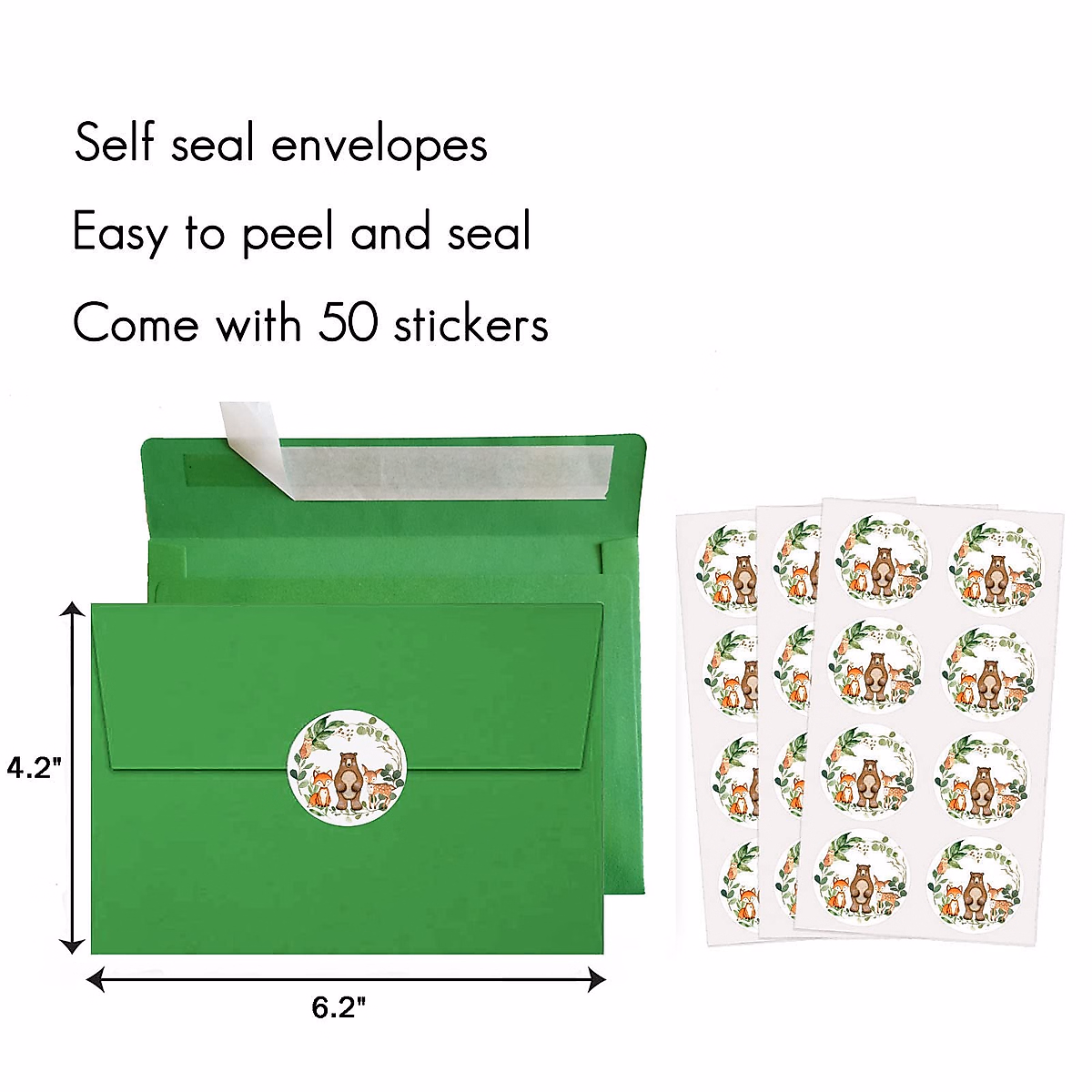 50 Woodland Thank You Cards, 4x6" Forest Animals Greenery Thank You Notes with Matching Green Envelopes & Stickers, Woodland Creatures Notecards Perfect for Woodland Baby Shower and Birthday Party