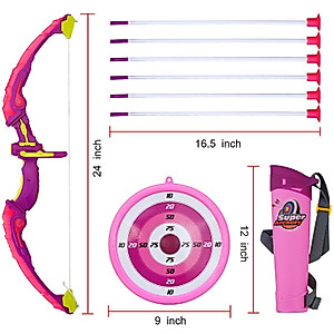 Liberty Imports Kids Bow and Arrow Set - LED Light Up Archery Toy Set with 6 Suction Cup Arrows, Target, Quiver - Indoor and Outdoor Target Practice for Girls (Pink)