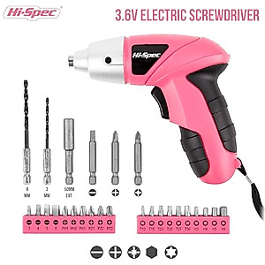 Hi-Spec 27pc 3.6V Pink USB Small Power Electric Screwdriver Set for Women. Cordless & Rechargeable with Driver Bit Set