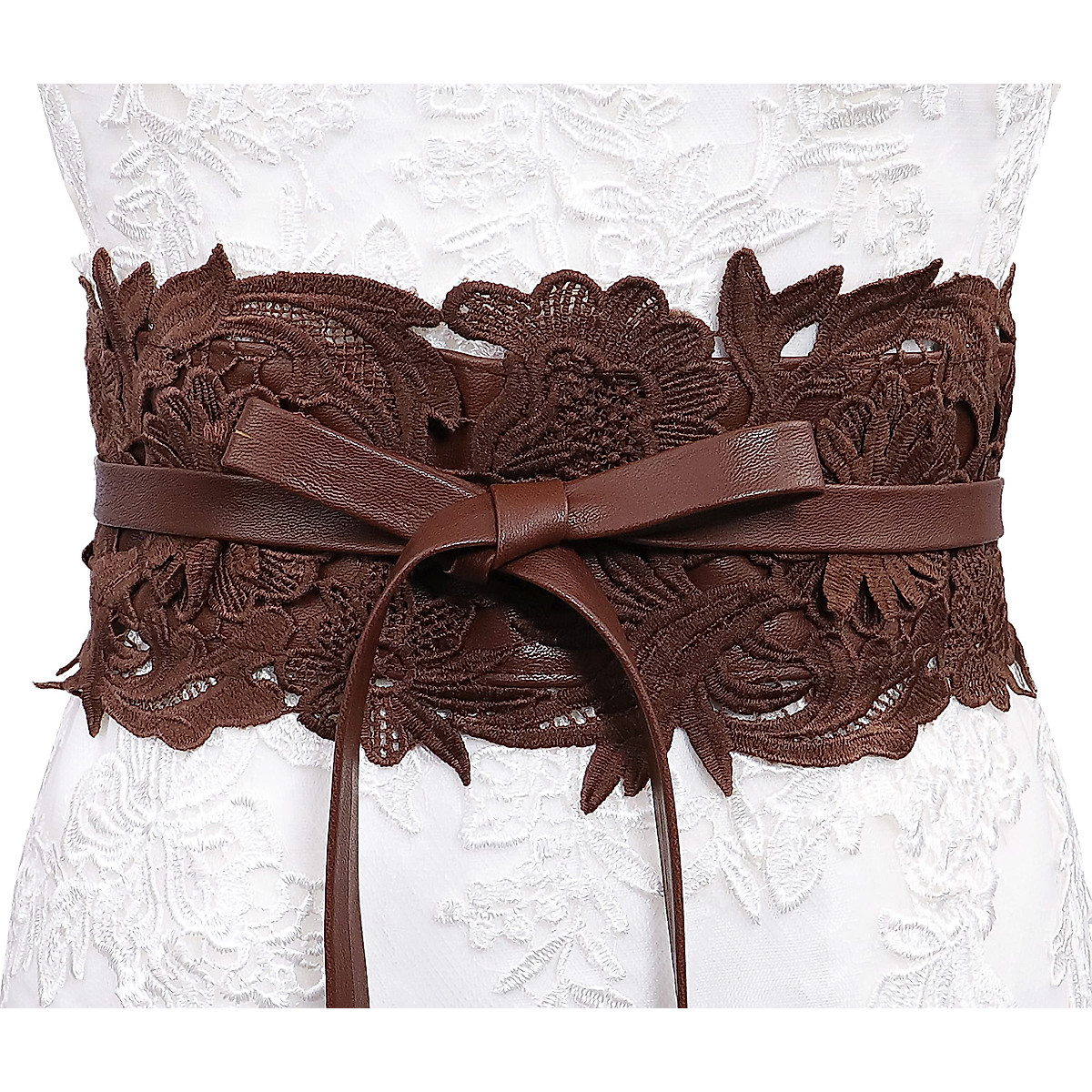Lovful Women Faux Leather Lace Belt,Wide Wrap Around Obi Belt,Self Tie Boho Band Waist Belt,Coffee