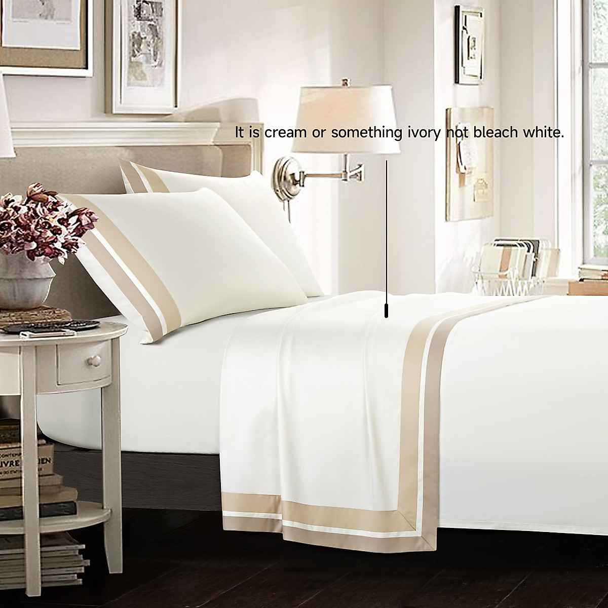 Casabolaj Shading Hotel Collection 4 Pieces Sheet Set 100% Egyptian Cotton Sateen 400 TC - Luxury Modern Sheet sets Queen King - Borders in Contrasting color Champagne/Beige (Rosa, California King)
