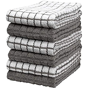 Kitchen Towels 16"x 28" | Dish Towels | Kitchen Hand Towels | Large Dishcloths Set | Highly Absorbent Tea Towel, Soft with Hanging Loop | Natural Ring Spun Cotton, 380 GSM | Gray Check Design - 6 Pack