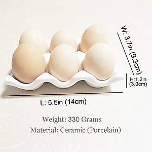 Bealuffe Ceramic Egg Holder Egg Tray Porcelain Fresh Egg Holder for Fridge Countertop Kitchen Storage Half Dozen 6 Cups (White)