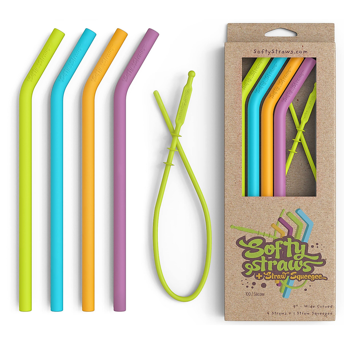 Softy Straws Premium Reusable Silicone Drinking Straws + Patented Straw Squeegee - 9” Long With Curved Bend for 20/30/32oz Tumblers - BPA Free (Non-Rubber), Flexible, Bendy, Safe for Kids / Toddlers