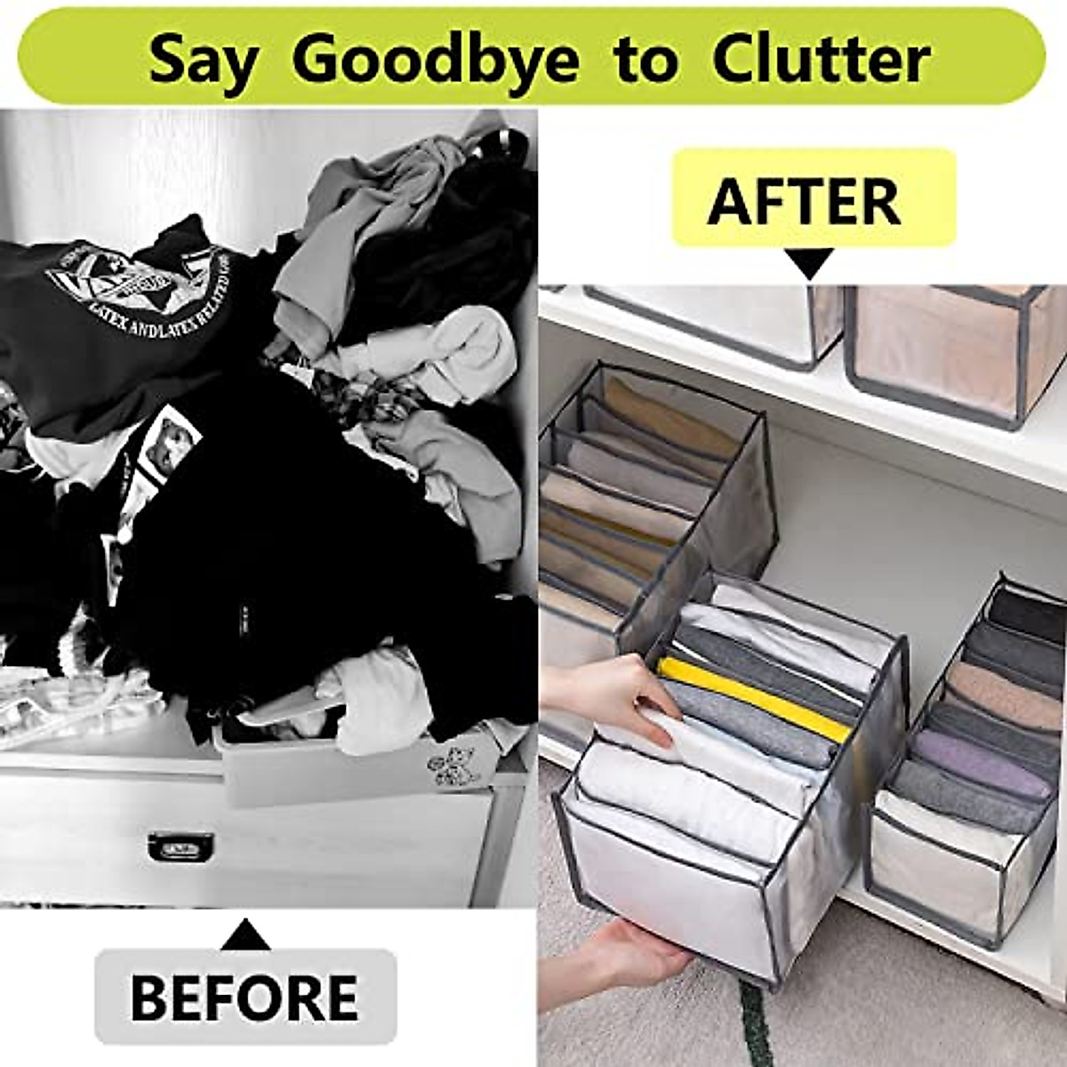 6 Pcs Extra large Drawer Organizers For Clothing,7 Gird Washable Wardrobe Clothes Organizer For Mesh Foldable Closet Dividers Nylon Fabric Storage Box for jeans,underwears,Leggings,pants,socks(Gray)