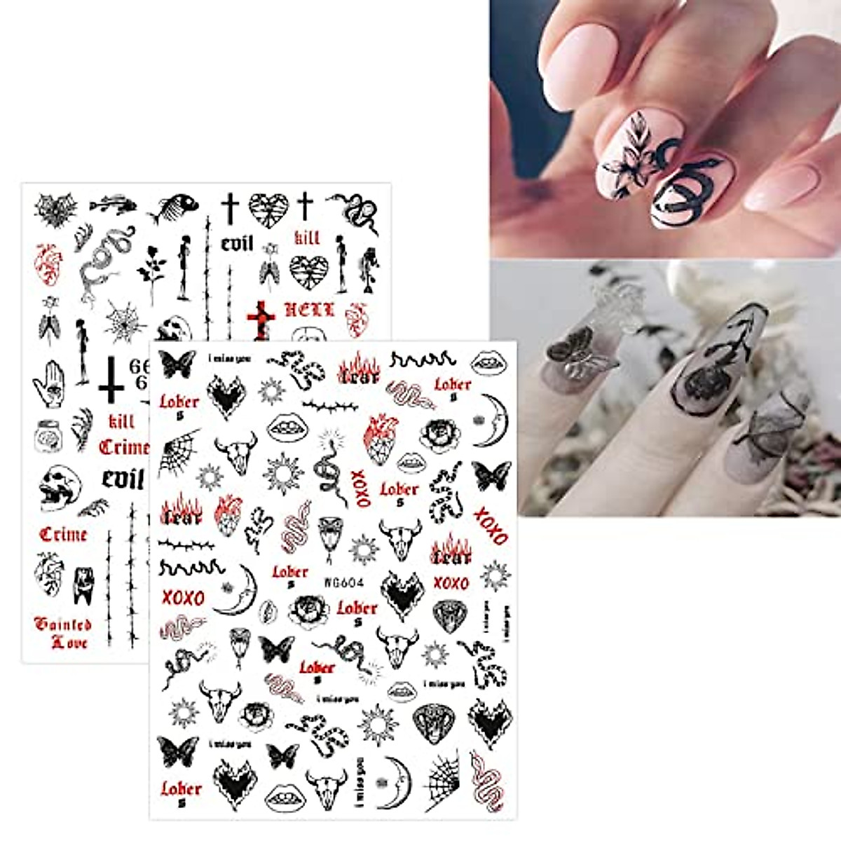 JMEOWIO 8 Sheets Halloween Goth Nail Art Stickers Decals Self-Adhesive Pegatinas Uñas Snake Horror Nail Supplies Nail Art Design Decoration Accessories
