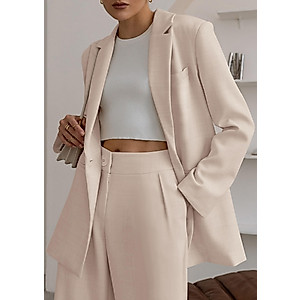 PRETTYGARDEN Women's Fall Two Piece Outfits Dressy Blazer Jacket and Wide Leg Pants Pockets Business Casual Office Suit Sets (Beige,Medium)