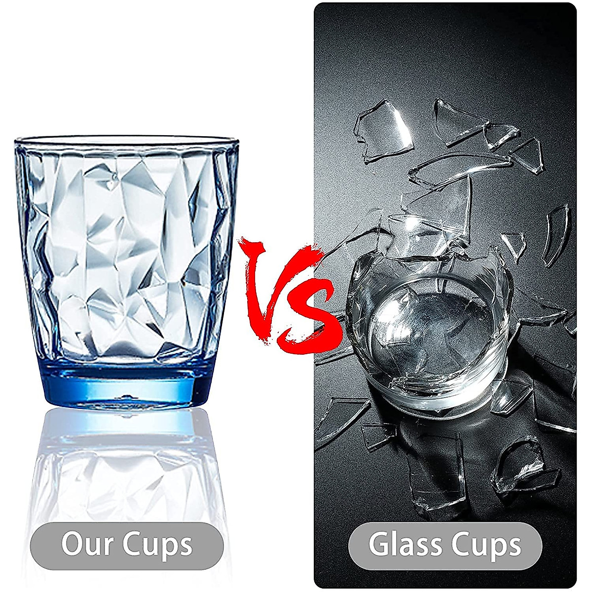 Topsky 10 oz Plastic Water Tumblers | Set of 4 Transparent Unbreakable Drinking Glasses Clear Acrylic Reusable Juice Wine Cups for Home Picnic Party, Dishwasher Safe, Stackable (Blue)