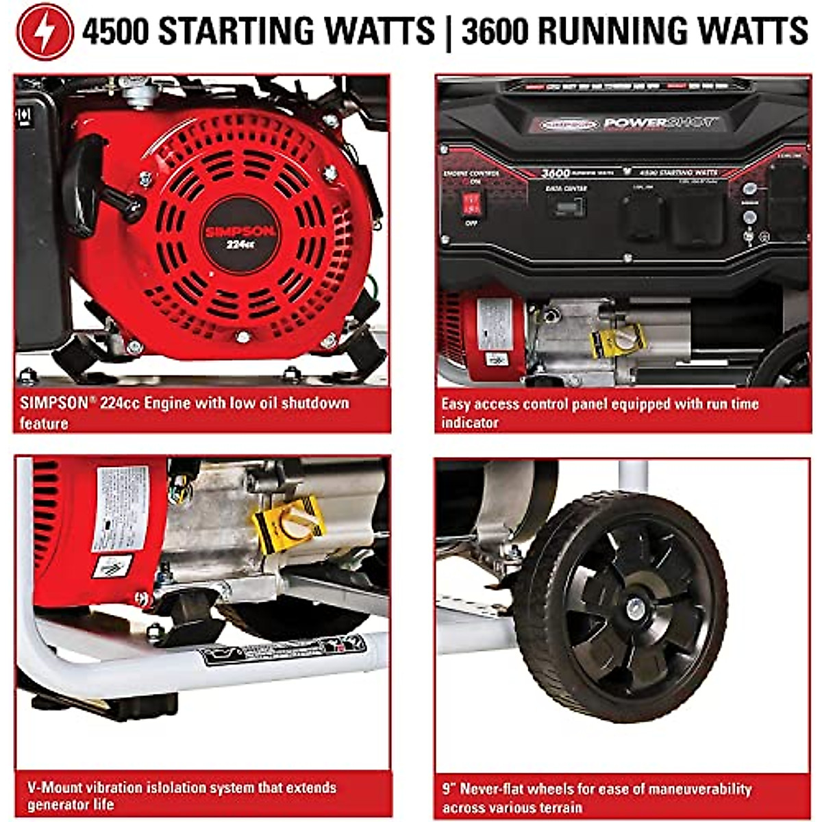 SIMPSON Cleaning SPG3645 Portable Gas Generator and Power Station for Camping, RV, Home Use, Construction, and More, 3600 Running Watts 4500 Starting Watts