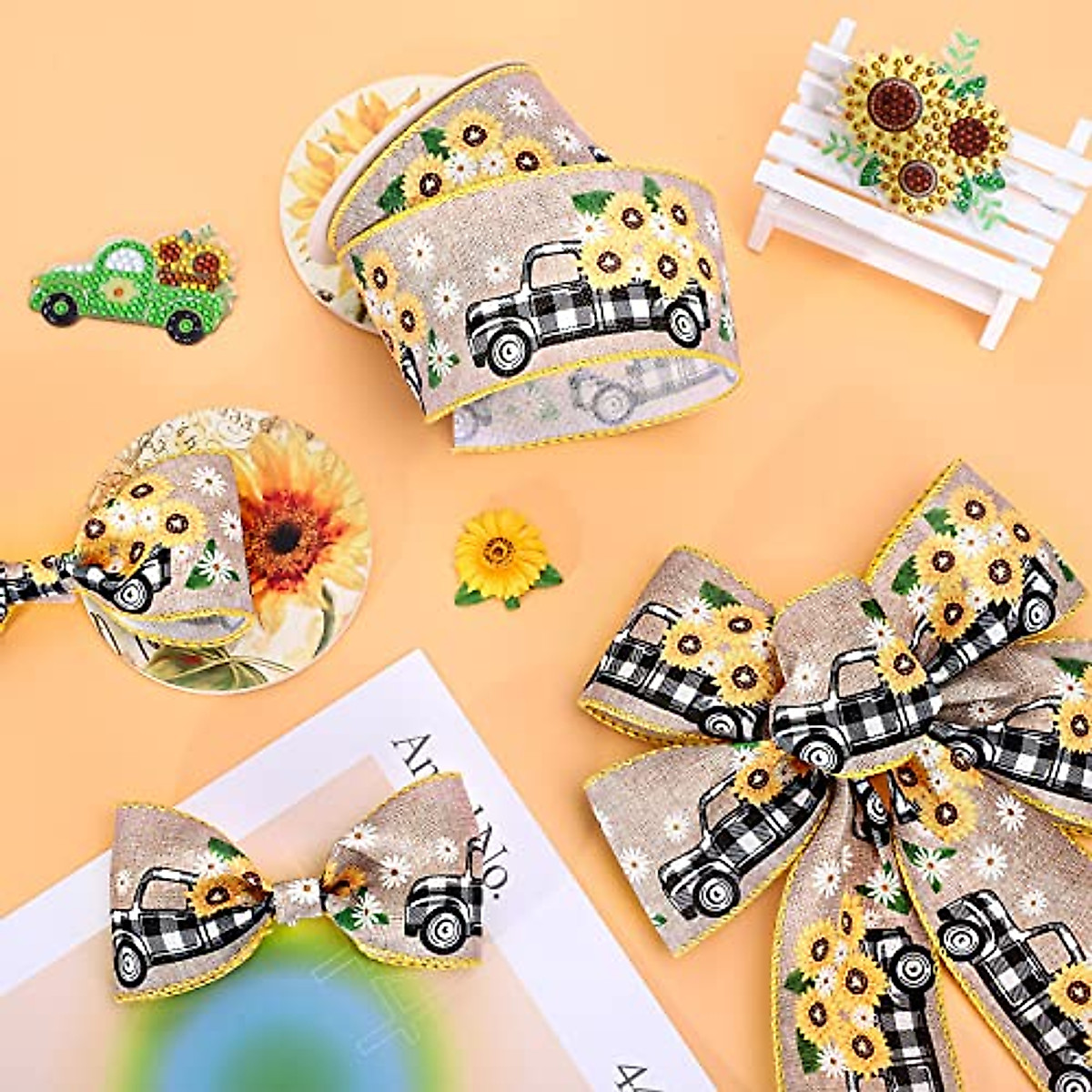 Whaline Sunflower Truck Wired Edge Ribbon Vintage Spring Summer Floral Fabric Ribbon Farmhouse Buffalo Plaids Decorative Craft Ribbon for Gift Wrapping Hair Bow Sewing Wreath Crafts, 10 Yards