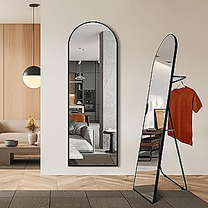 TRAHOME Arched Full Length Mirror with Foldable Clothes Rack,Large Floor Mirror with Aluminum Alloy Frame for Door Bedroom Bathroom Living Room (60x20-Black)