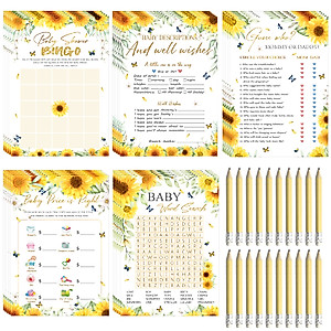 145 Pieces Sunflower Baby Girl Shower Game Set 5 Games 25 Sheets of Each with 20 Pencils Floral Baby Shower Games & Activities for Girl Includes Baby Descriptions and Wishes, Guess Who, Bingo Game