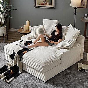 Extra Wide Deep Seat Oversized Loveseat Chaise Lounge Sectional Sofa Bed Napping Daybed Fluffy Corduroy Upholstered Cloud Couch with Detachable Thicked Cushions and Armrest for Living Room Office