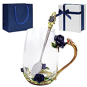 ZTBBW Tea Cup, Glass Coffee Mug with Spoon, Handicraft Crystal Glass 3D Flower Tea Cup, Women Ideal Christmas Gift for Birthday, Wedding, Mother's Day (Blue)