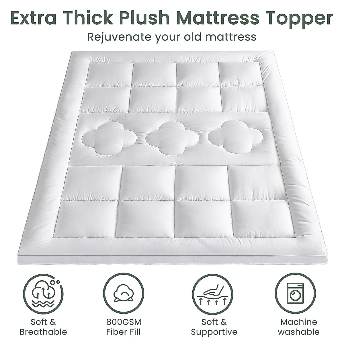 FLEXPEDIC King Mattress Topper,Extra Soft Pillow Top Mattress Topper for Firm Bed,Extra Thick 800 GSM Down Alternative Fill,4 Anchor Elastic Bands,76 * 80 Inches,White