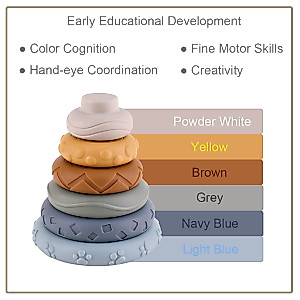 KOESMG 7 PCS Stacking Nesting Circle Toy, Soft Squeeze Building Blocks Sensory Toys, Early Learning Color & Pattern Montessori Toys for 6 8 12 Months Toddlers