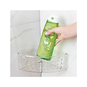 iDesign Plastic Bathroom Suction Holder, Shower Organizer Corner Basket for Sponges, Scrubbers, Soap, Shampoo, Conditioner, Clear