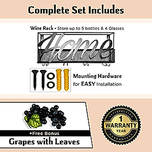 FLOMAC FINEST Wine Holder Wall Mounted - Stores 4 Glasses 5 Wine Bottles - with Cork Holder Storage - Home and Kitchen Wall Decor Storage- Bonus E-Book and Grapes