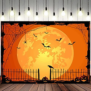 Swepuck 8x6ft Orange Halloween Photo Backdrop for Parties Large Pumpkin Patch Moon Picture Photography Background Kids Witch Haunted House Decorations Banner