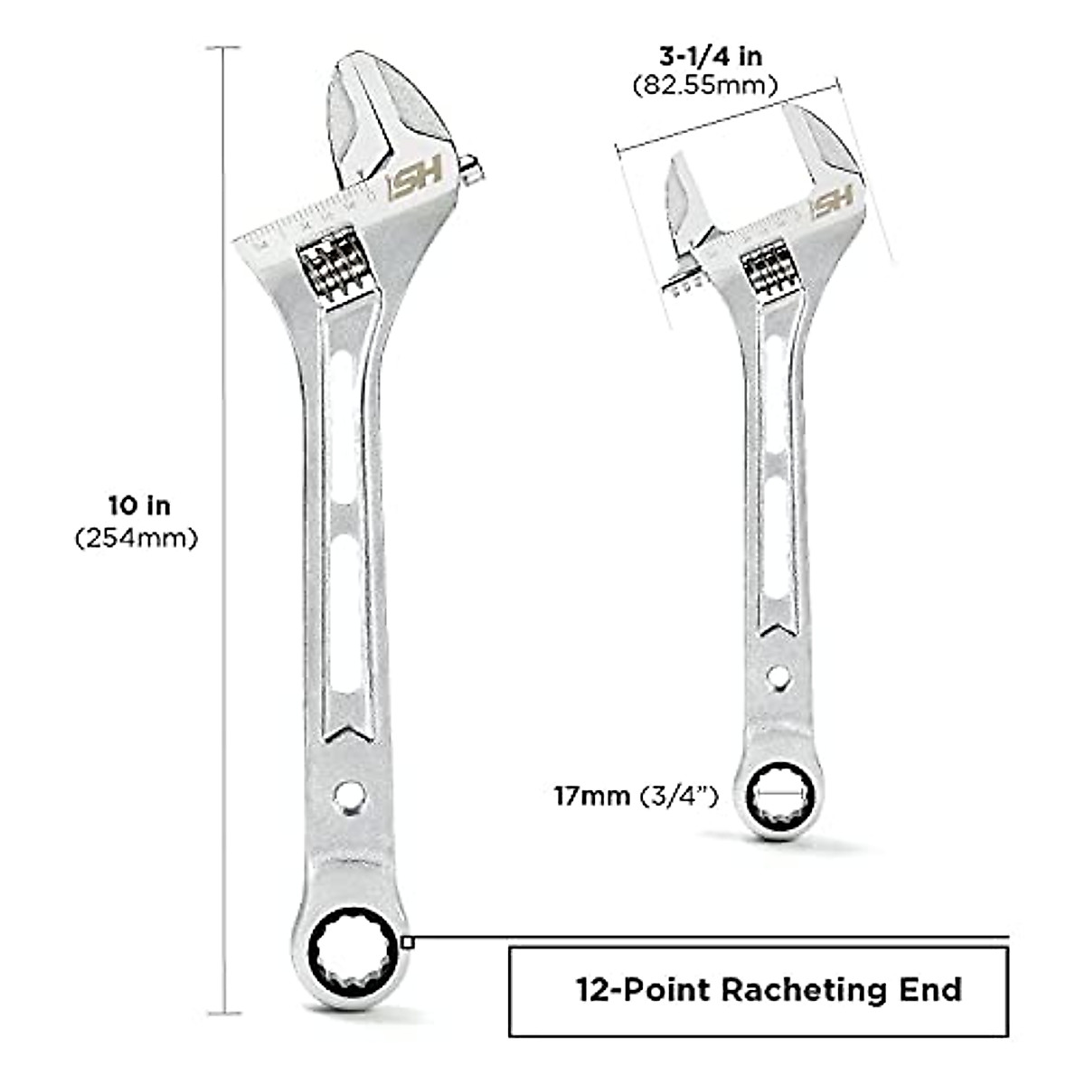 STEELHEAD 10” Wide-Mouth Adjustable Wrench w/Integrated 72-Tooth 12-Point 17mm Ratcheting End, 72-Tooth Gearing