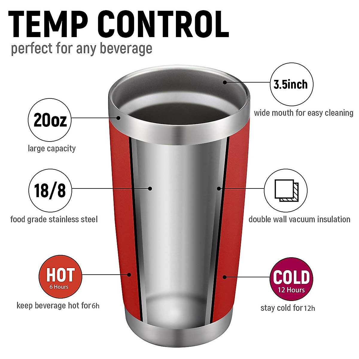 COMOOO 20oz Double Wall Vacuum Insulated Travel Mug, Stainless Steel Tumbler with Lid and Straw Durable Powder Coated Insulated Coffee Cup for Cold & Hot Drinks (Red, 6 PACK)