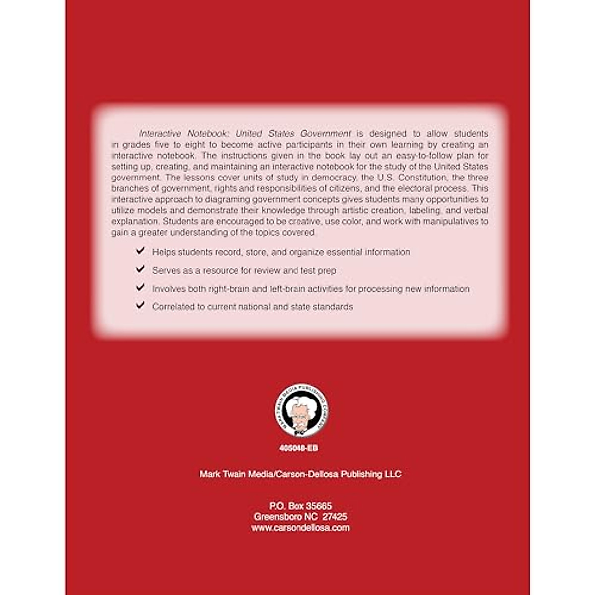 Mark Twain United States Government Interactive Books, Grades 5-8, US History, Constitution of the United States, and Branches Books, 5th Grade Workbooks and Up, Classroom or Homeschool Curriculum