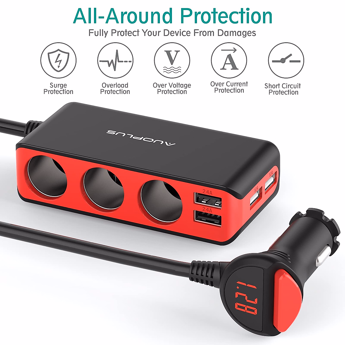 AUOPLUS 120W 3 Socket Cigarette Lighter Splitter Car Charger Adapter, LED Voltage Display Dual 4 USB Chargers(6.8A), Car Charger On/Off Switches 12V for iPhone iPad Samsung GPS Dashcam