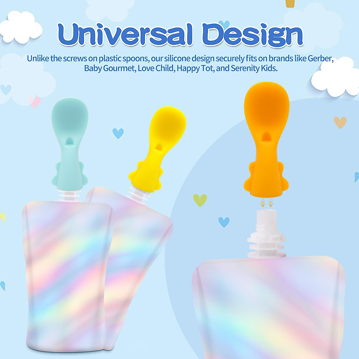 Miniguysa Silicone Baby Spoons & Squeeze Pouch Feeder Attachments Topper: Easy-Clean, Leak-Proof Spoon for Infant Food, Ideal for Diverse Food Pouches, Suitable for 3+ Months Babies 4-Pack, 2.48*1.18