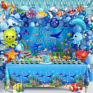 Under the Sea Party Decorations 98Pcs, Ocean Theme Birthday Party Supplies Include Backdrop Tablecloth Bubble Garlands Cake Topper Ocean Animals Balloons for Pool Beach Party Baby Shower (Ocean-01)