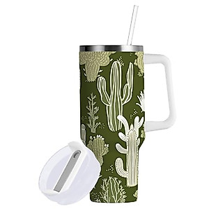 Jihqo Cute Cactus Green 40 oz Stainless Steel Vacuum Insulated Tumbler with Handle and Straw Lid, Leakproof Water Bottle Double Wall Travel Mug Coffee Cup, Cupholder Friendly