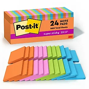 Post-it Super Sticky Notes, 3x3 in, 24 Pads, 2x the Sticking Power, Energy Boost, Bright Colors (Orange, Pink, Blue, Green),Recyclable (654-6SSAU)
