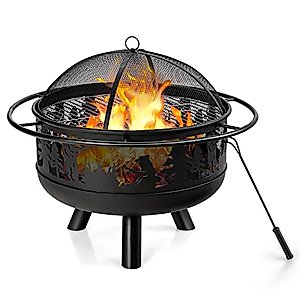 Giantex Round Fire Pit, 30 Inch Outdoor Wood Burning Fire Bowl with Fire Poker & Cooking Grill Grid, Spark Screen Cover, Heavy-Duty Metal Firepit for Patio Barbecue Camping Bonfire Party (Black)