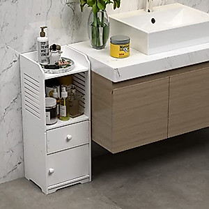 Rerii Bathroom Storage Cabinet, Small Floor Bathroom Organizer Free Standing, Side Toilet Cabinet with Drawer and Door, White