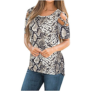 wodceeke Women's Short-Sleeve Off-Shoulder T-Shirt Leopard Plus Size Round Neck Tee Summer Casual Tops (Brown, XL)