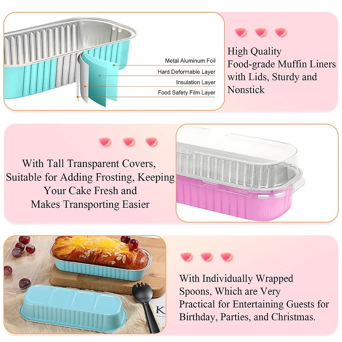 DI QIU REN 50Pack Disposable Mini Loaf Pan with Lid and Spoon, 0.42 Pound Rectangular Aluminum Silver Mini Loaf Pan for Loaf, Cake, Brownie, Cupcake