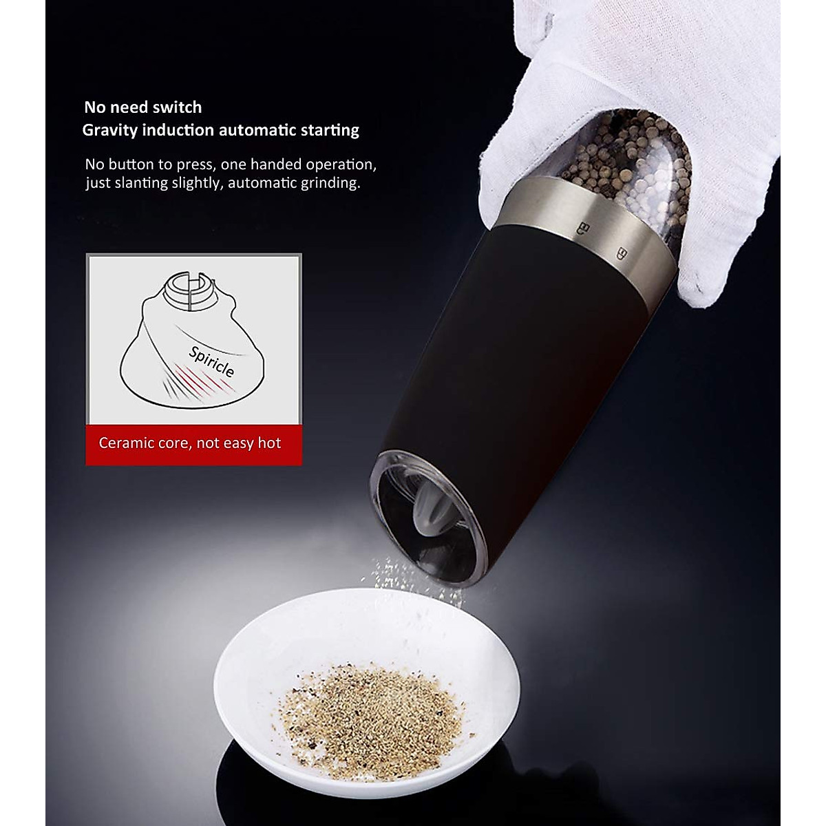 Fshopping Electric Salt and Pepper Grinder Gravity Induction Starting with Adjustable Coarseness Battery Power Supply Blue led Light one-Hand Operation one Set of 2pcs