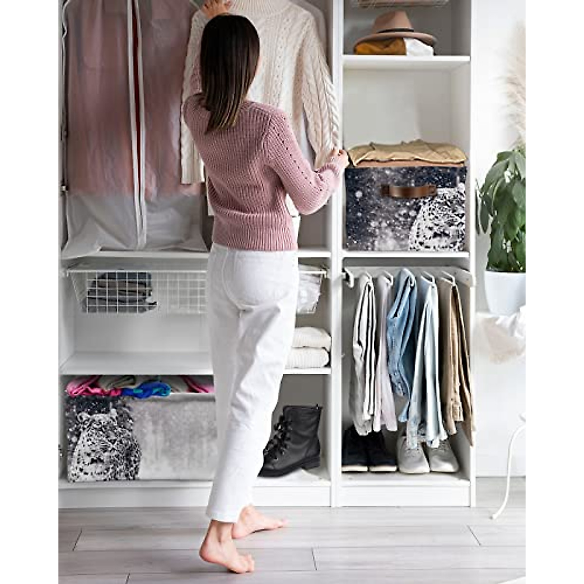 Animal Themed Storage Bins for Organizing, Decorative Large Closet Organizers with Handles Cubes - 2 Pack Fabric Baskets for Shelves, Closets, Laundry, Nursery, Wild Tiger Leopard Walking in the Snow