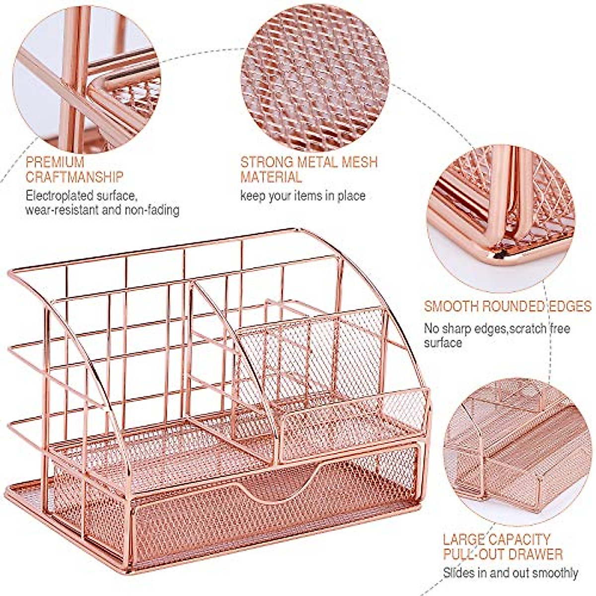 POPRUN Desk Organizers and Accessories for Women with Drawer, Cute Desk Supplies and Stationary Oganizer for Home and Office Desk Decor, Metal Mesh Desk Organization and Storage (Rose Gold)