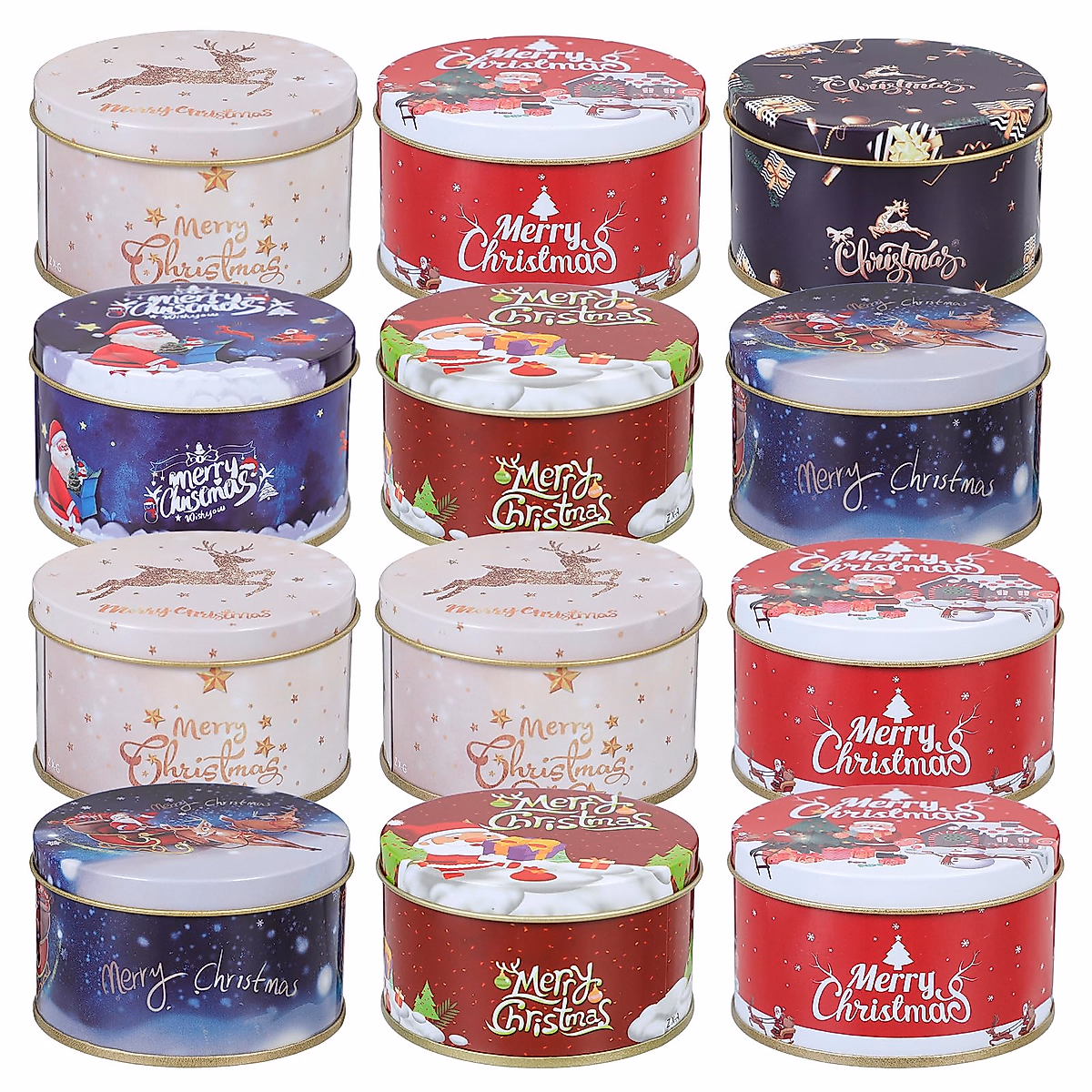 DOITOOL 12 Pcs Christmas Cookie Tin with Lids,Round Metal Cookie Box Christmas Candy Jars,Festive Cookie Containers Xmas Tin Box,Christmas Tinplate with Lids for Storing Candies Biscuits Treat