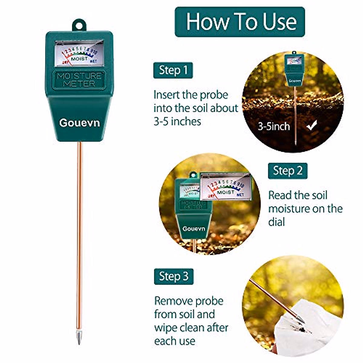 Gouevn Soil Moisture Meter, Plant Moisture Meter Indoor & Outdoor, Hygrometer Moisture Sensor Soil Test Kit Plant Water Meter for Garden, Farm, Lawn (No Battery Needed)