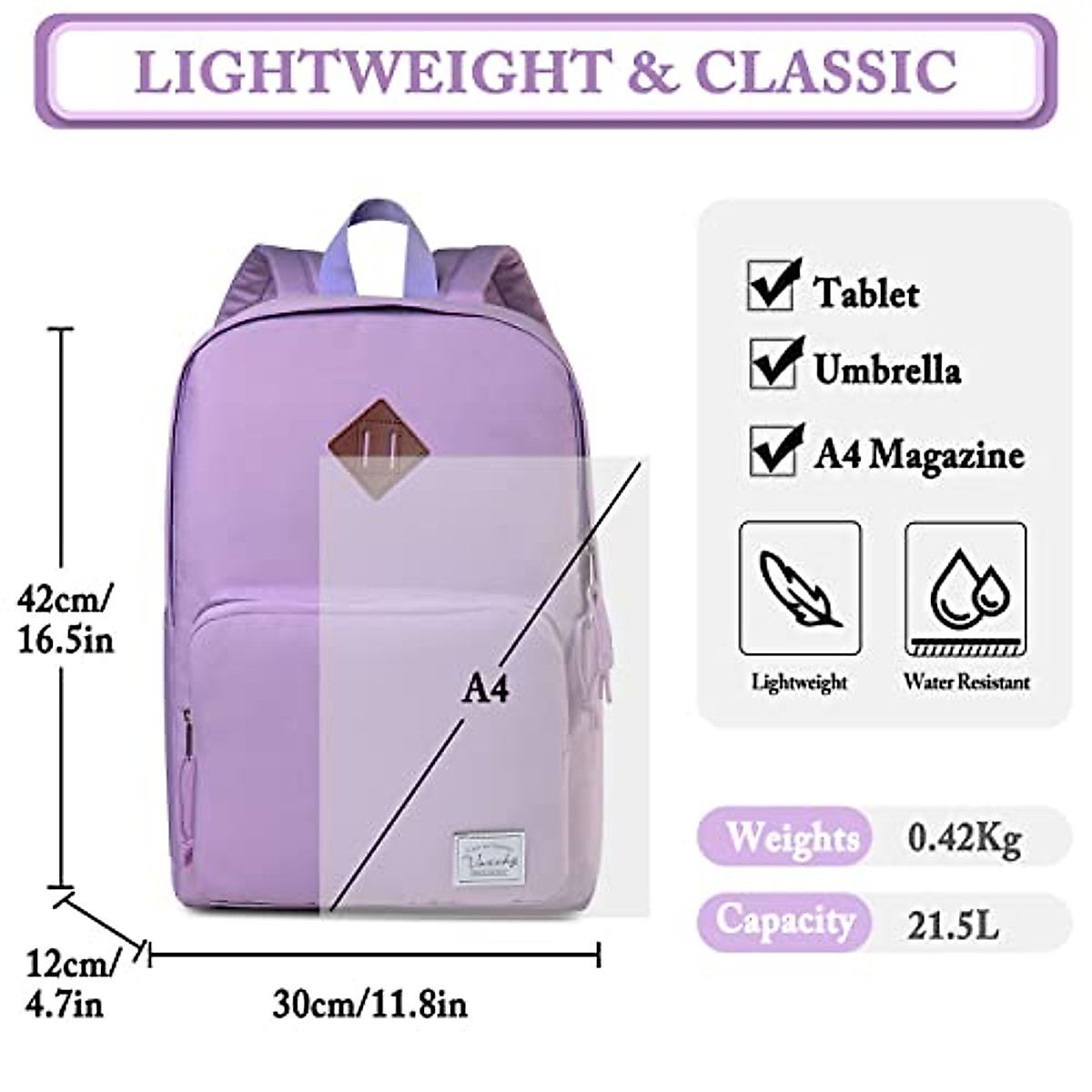 VASCHY School Backpack, Ultra Lightweight Backpack for Women Bookbag for Kids Teen Boys Girls Purple