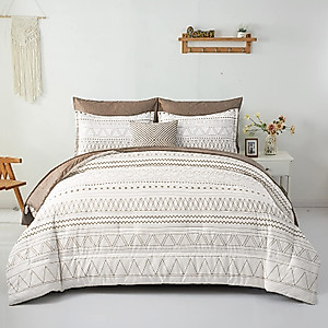 WONGS BEDDING 7 Pieces Brown Comforter Set Full Size,Boho Bed in a Bag Geometric Stripe Comforter Reversible Soft Microfiber Bedding Set with Pillowcases & Shams,Flat Sheet,Fitted Sheet