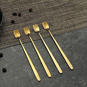 Long Handle Iced Teaspoon 8-Piece, Comicfs 7-Inch Stainless Steel Mixing Stirring Square Spoons for Cocktail Ice Cream Milkshake Cold Drink Ice Coffee (8 Spoons, Gold)