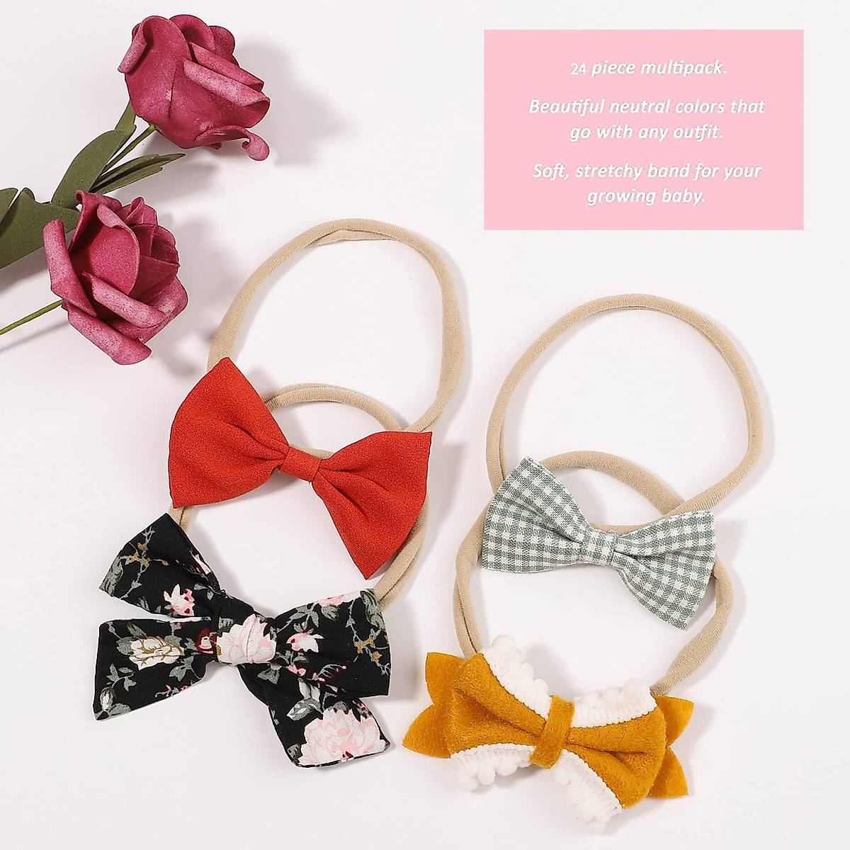 doboi Baby Girl Headbands 24PCS Nylon Linen Handmade Hairbands with Hair Bows and Accessories for Newborns, Infants, Toddlers, and Little Kids