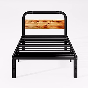 Aardhen Twin-XL Size Bed Frame 14 Inch Rustic Wood Headboard, Heavy Duty Steel Slats Support, Easy Assembly, No Box Spring Needed, Quiet and Sturdy