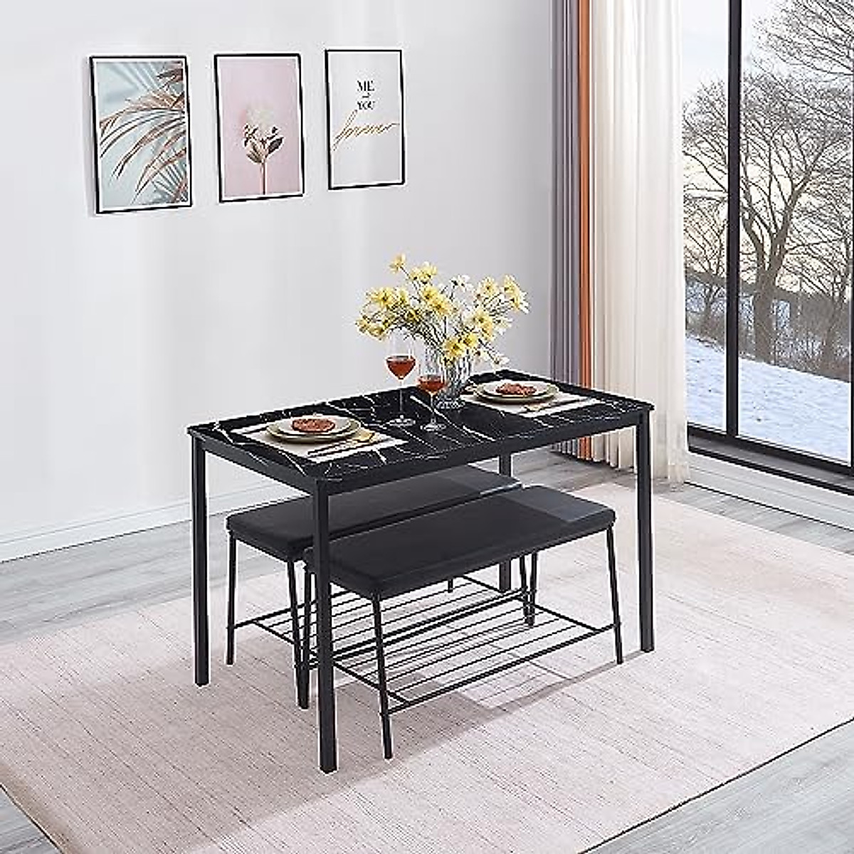 PEITAIKO 47.2" Rectangular MDF Dining Table/Mid Century Modern Metal Legs Kitchen Table (Imitation Marble) (MDF Board+Metal, Black Marble Effect)