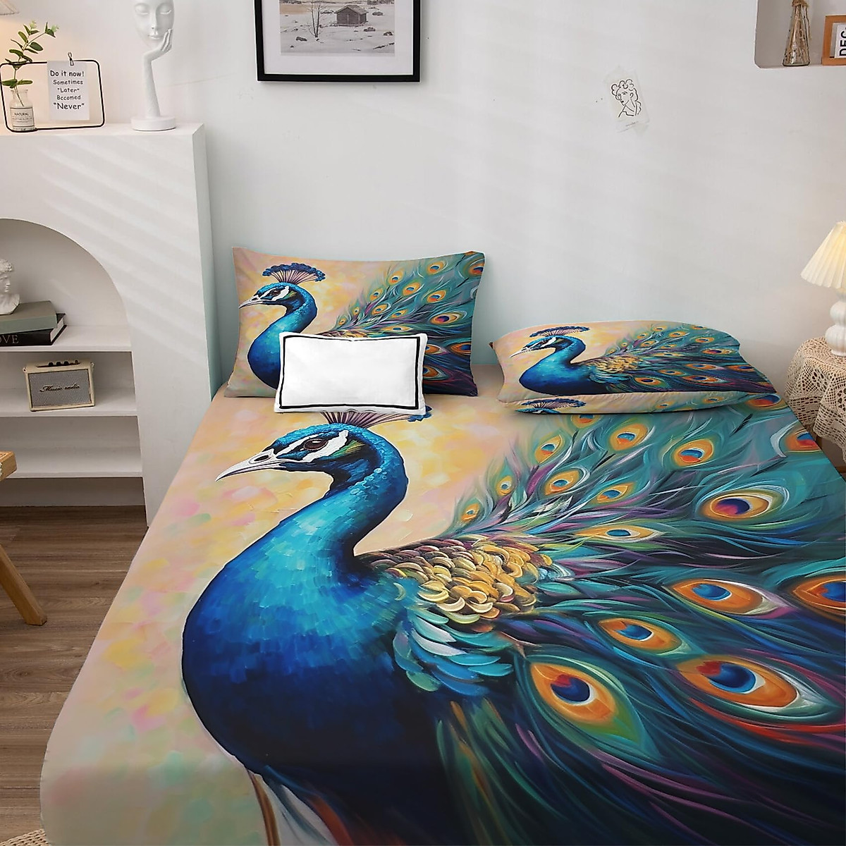 Peacock Sheets Full Size, Feather Bird Bed Sheets, Patterned Bedding Sheets & Pillowcases 4 Piece Set - Soft Microfiber Deep Pocket Fitted Sheet & Flat Sheet & 2 Pillow Cases L2-&-90